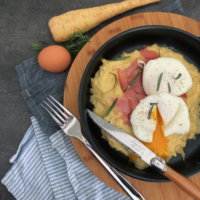 Pastinaak puree met ham en gepocheerd ei · Thebakingbucketlist.nl